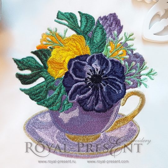 Machine Embroidery Design Anemone in the teacup| Royal Present Embroidery