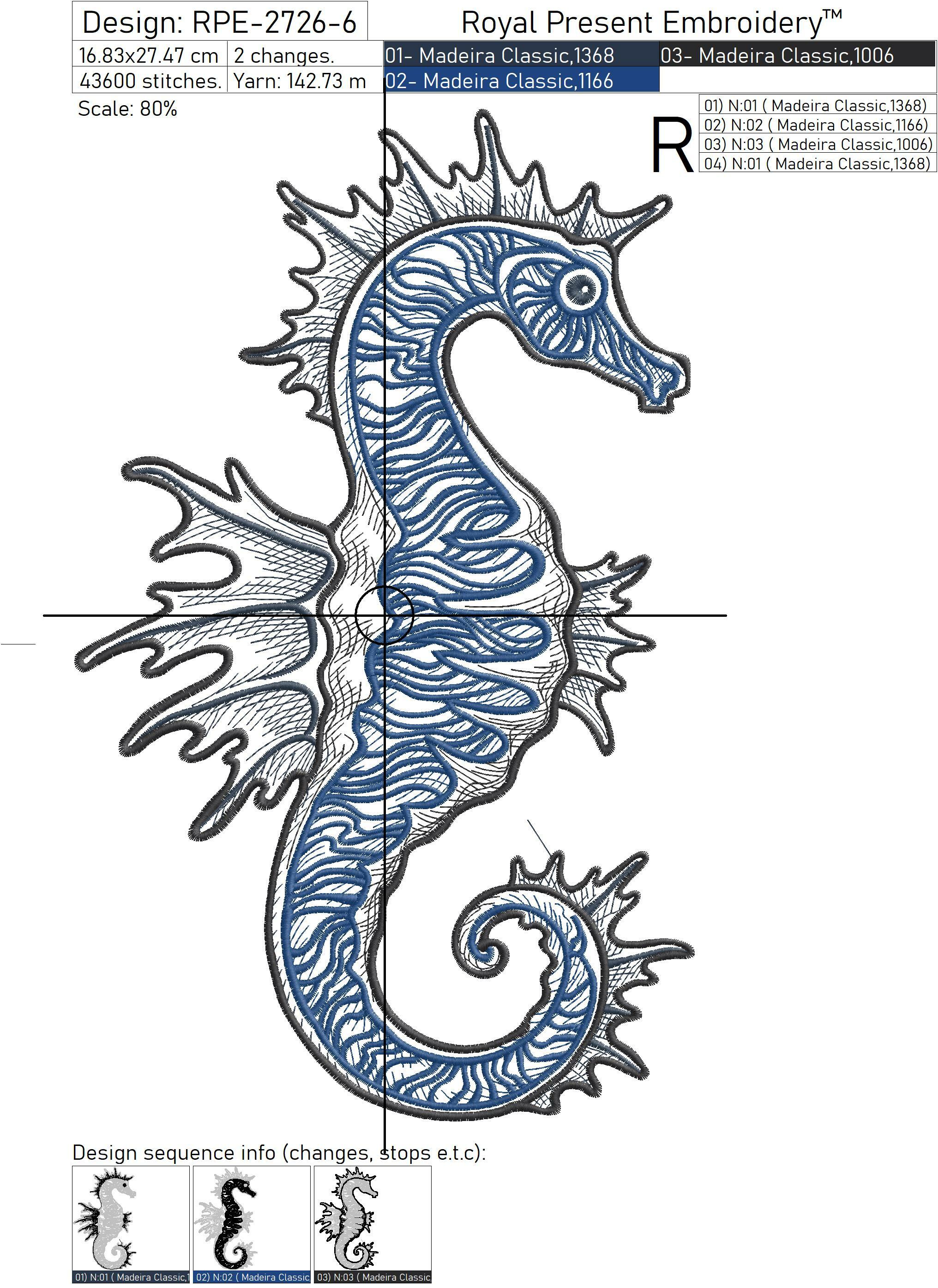 Tricolor Seahorse Machine Embroidery Design - 7 sizes | Royal Present ...