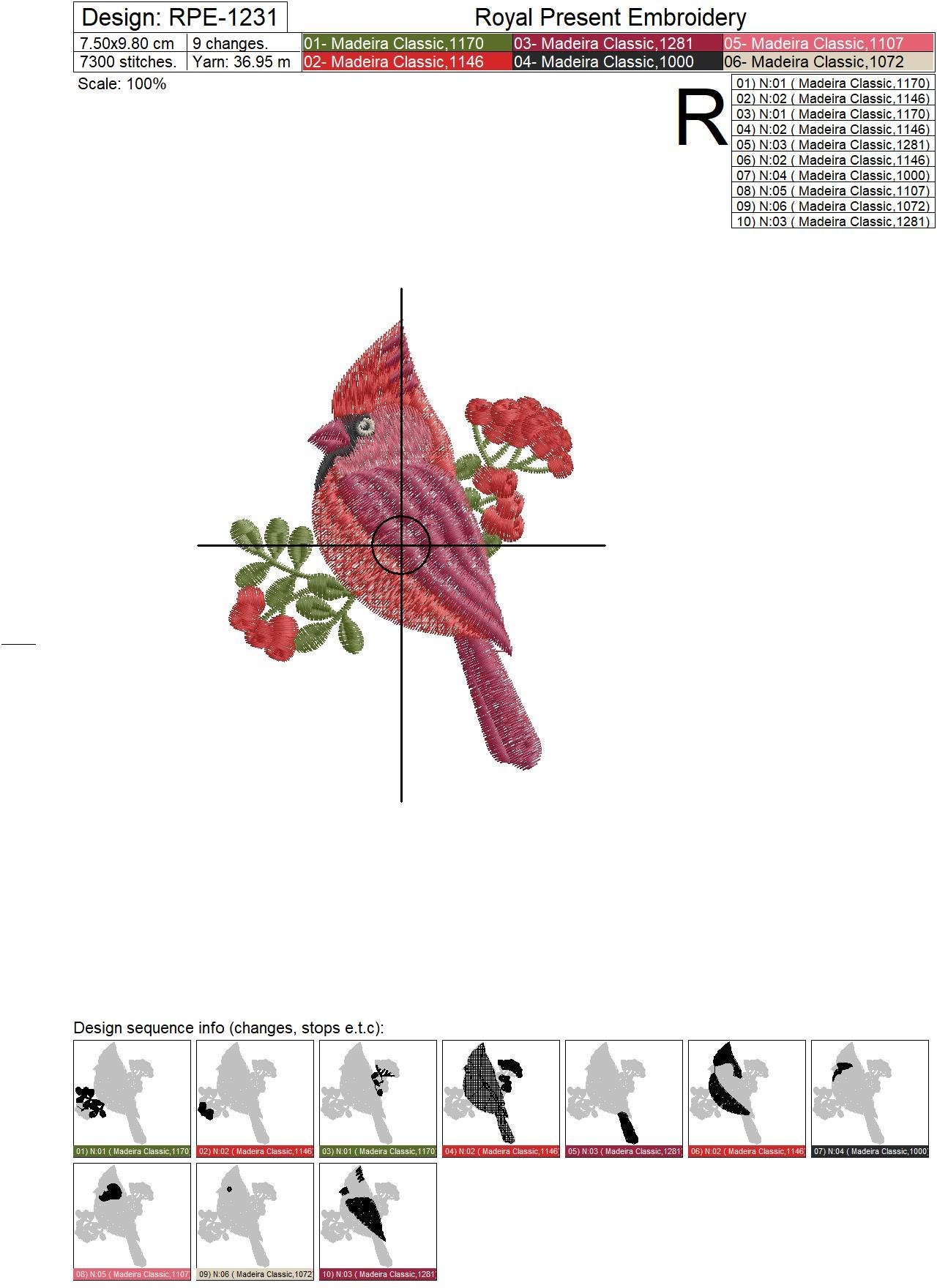 Machine Embroidery Design Red Cardinal - 2 sizes | Royal Present Embroidery